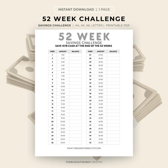 52 Week Money Challenge Printable Chart