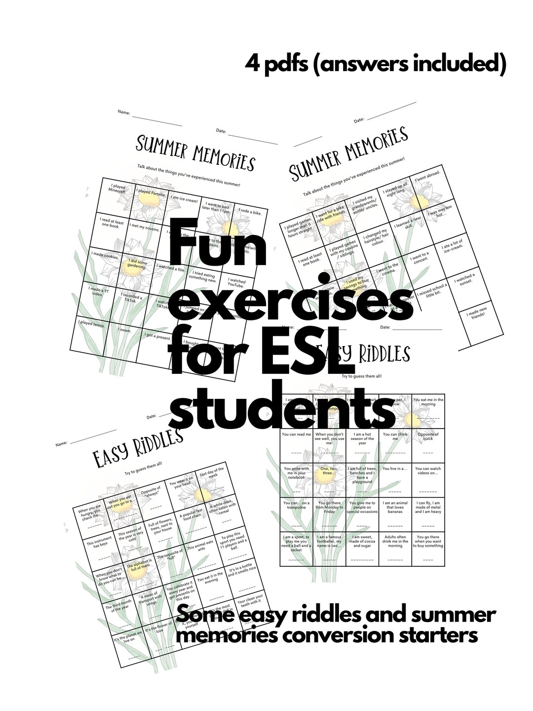 Summer Memories and Easy Riddles for ESL Learners - Etsy