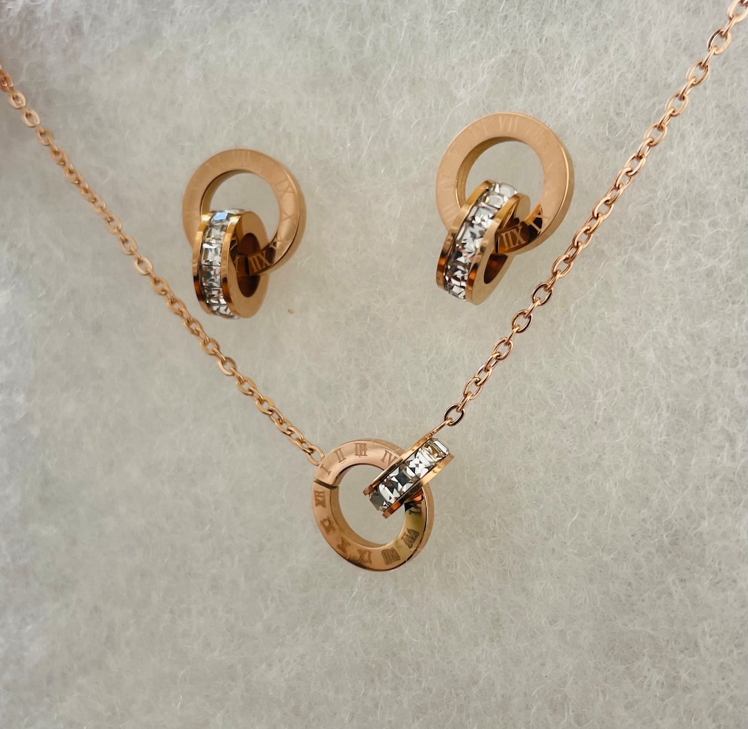 Rose Gold Jewelry Set | Interlock Necklace Earings | Bridesmaid | Gift ...