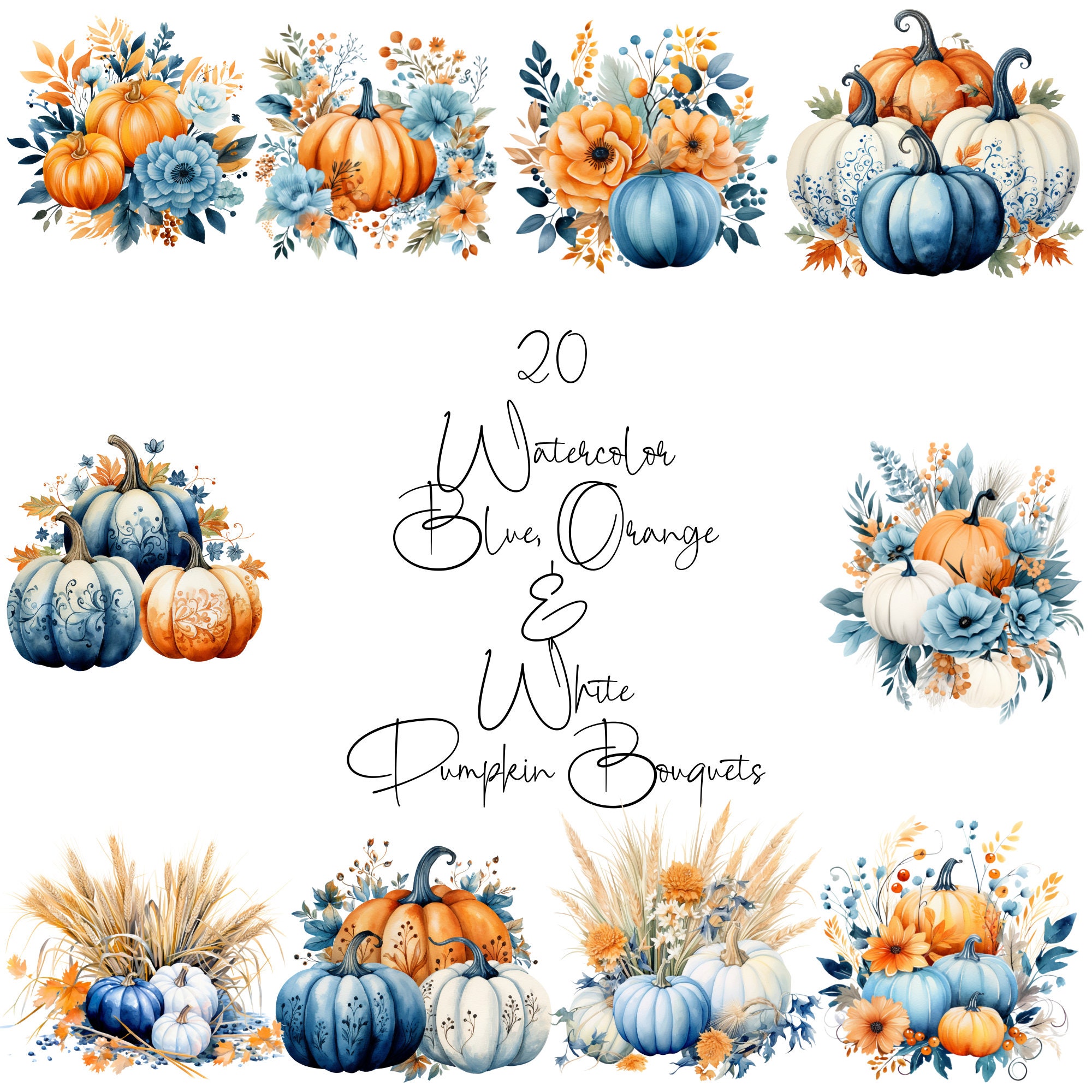 Blue, Orange and White Boho Pumpkins | Watercolor Pumpkin Clipart ...