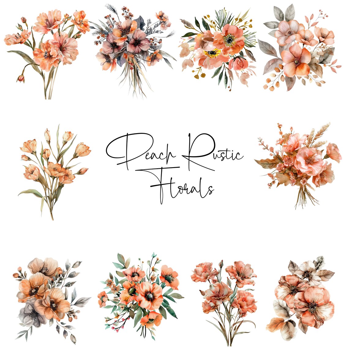 Peach Flowers Clipart | Peach Floral Clipart | Rustic Floral Clipart ...