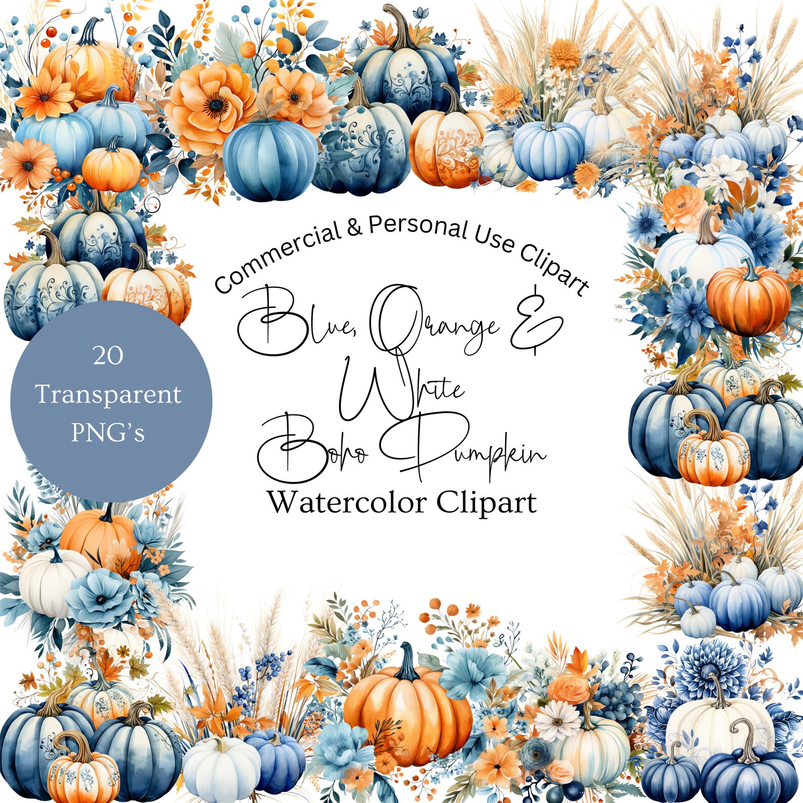 Blue, Orange and White Boho Pumpkins | Watercolor Pumpkin Clipart ...