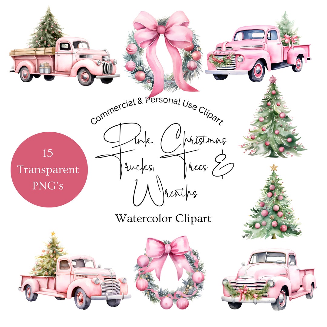 Watercolor Pink Christmas Truck Clipart | Pink Christmas Truck Clipart ...
