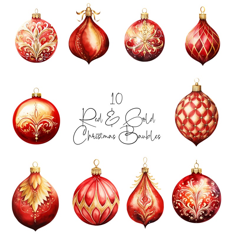 Watercolor Christmas Bauble Clipart | Red and Gold Ornament Clipart ...