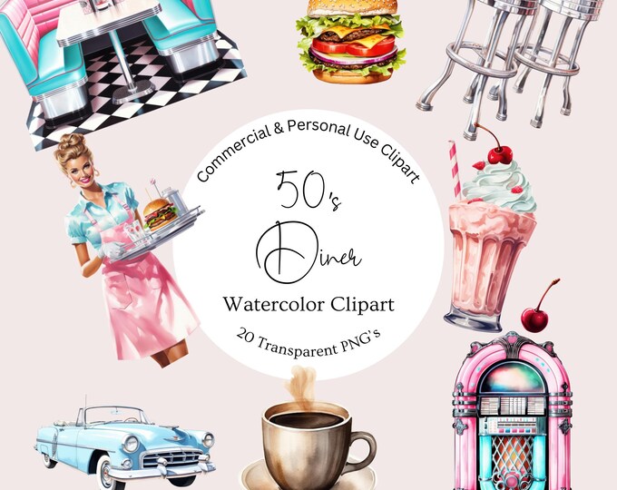 Sock Hop Party Clipart. 50's Retro Diner, Jukebox, Cadillac, Diner Sign ...