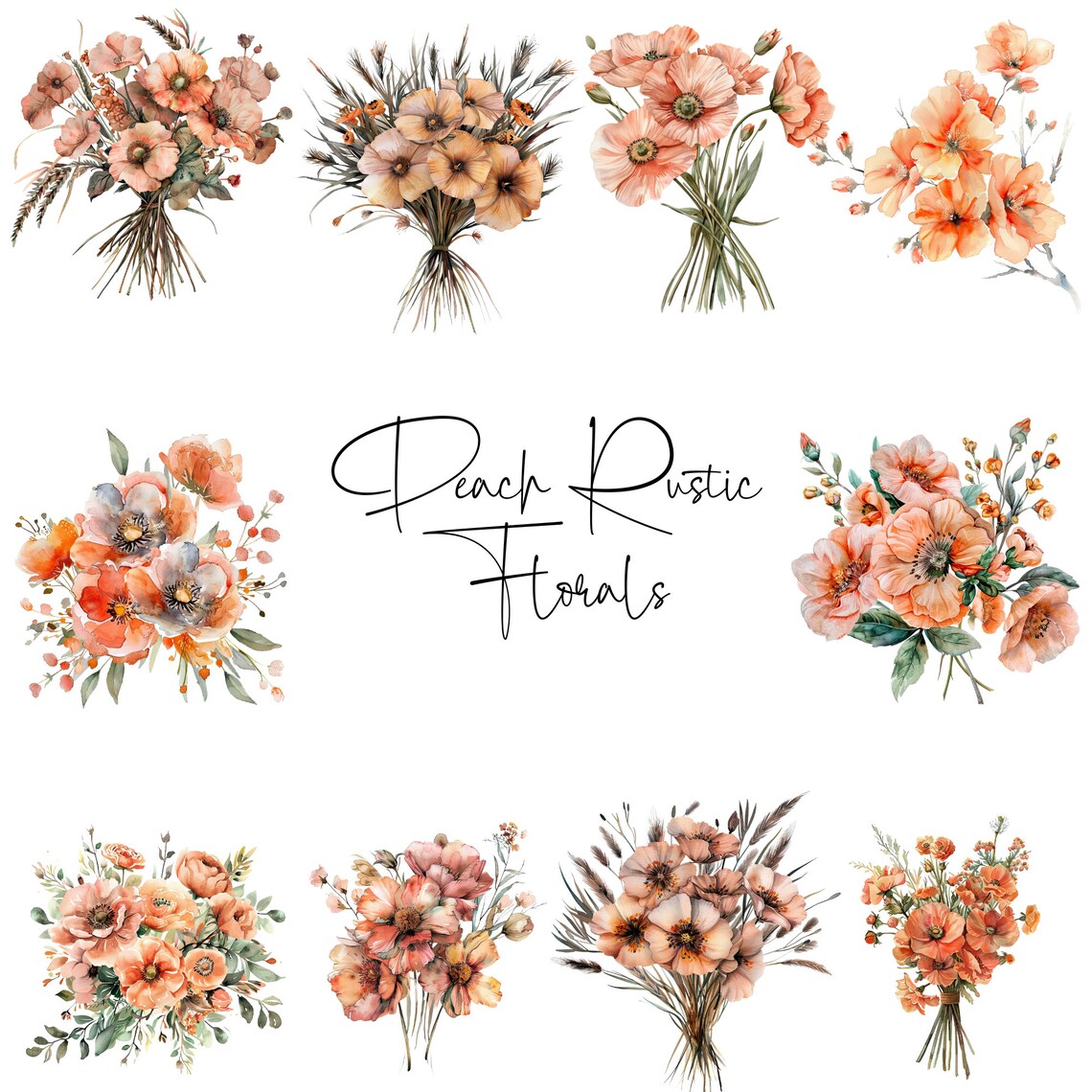 Peach Flowers Clipart Peach Floral Clipart Rustic Floral Clipart Dusty ...