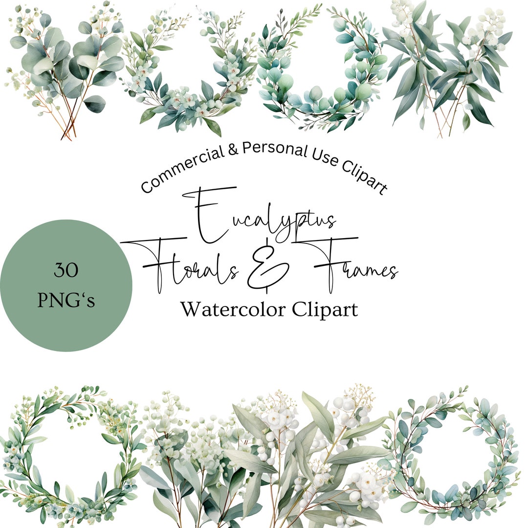 Eucalyptus Watercolor Florals and Frames Clipart | Eucalyptus Wedding ...