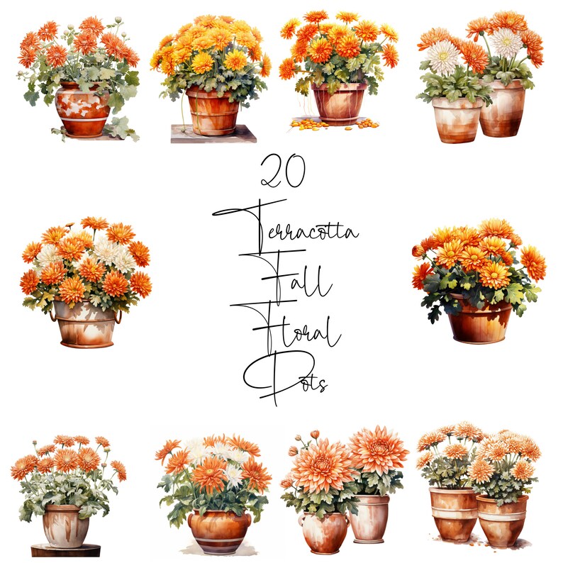 Terracotta Fall Floral Pots | Terracotta Watercolor Fall Clipart | Fall ...