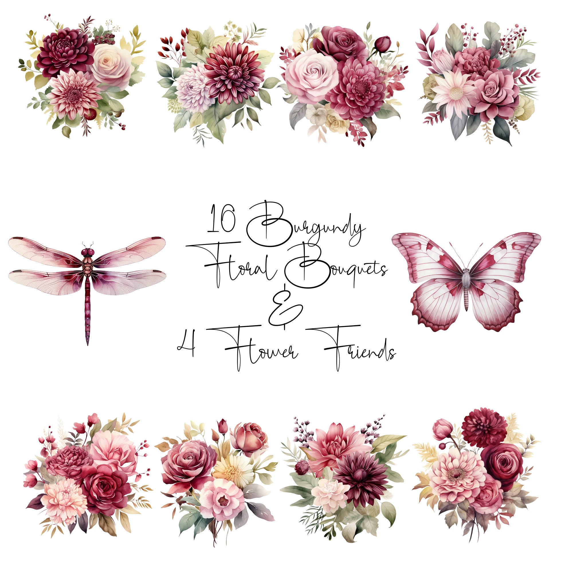 Burgundy Flowers Clipart Watercolor Burgundy Florals Bright Flowers ...