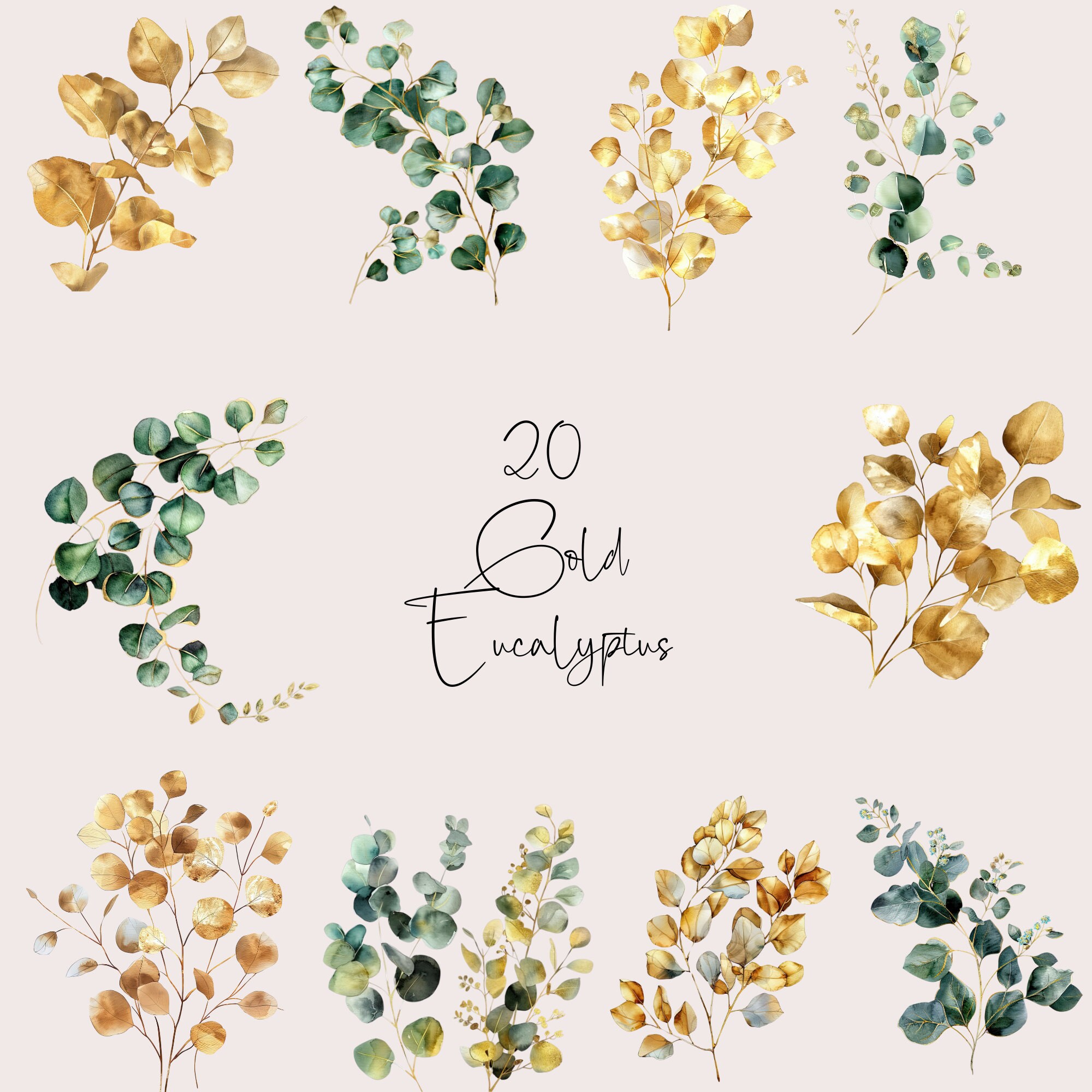 Gold Eucalyptus Clipart | Eucalyptus Greenery Clipart | Watercolor Gold ...