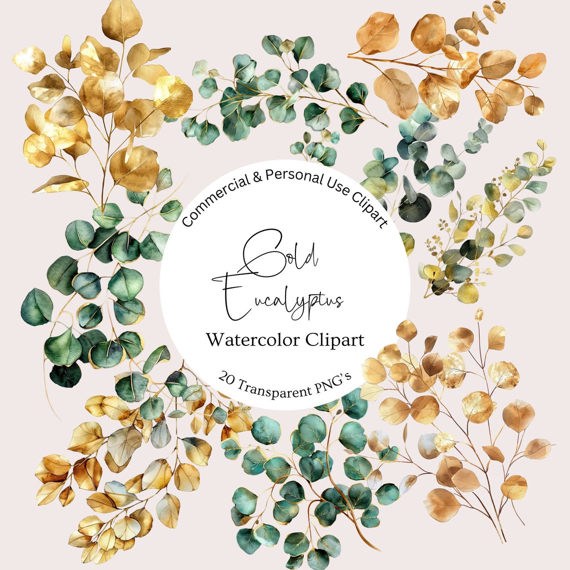 Gold Eucalyptus Clipart Eucalyptus Greenery Clipart Watercolor Gold ...