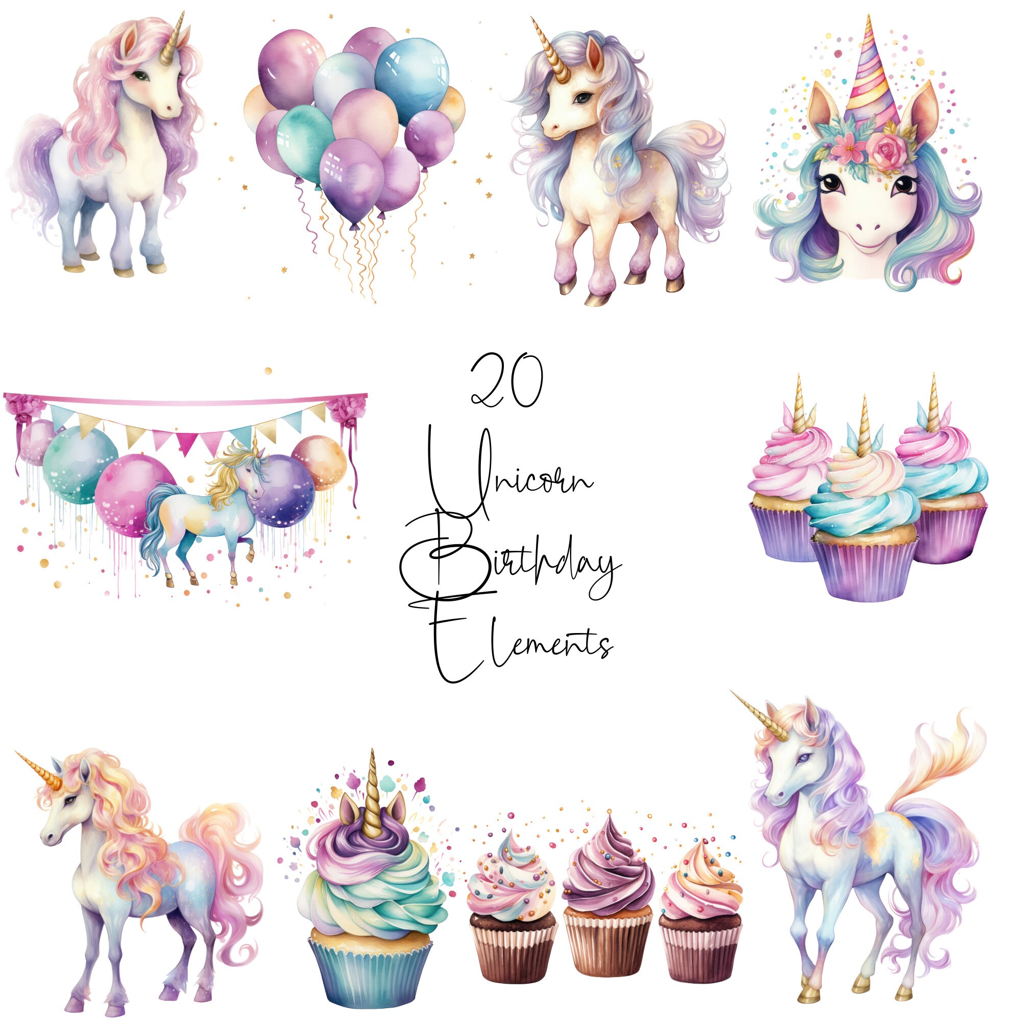 Unicorn and Cupcakes Clipart | Pastel Birthday Clipart | Birthday Girls ...