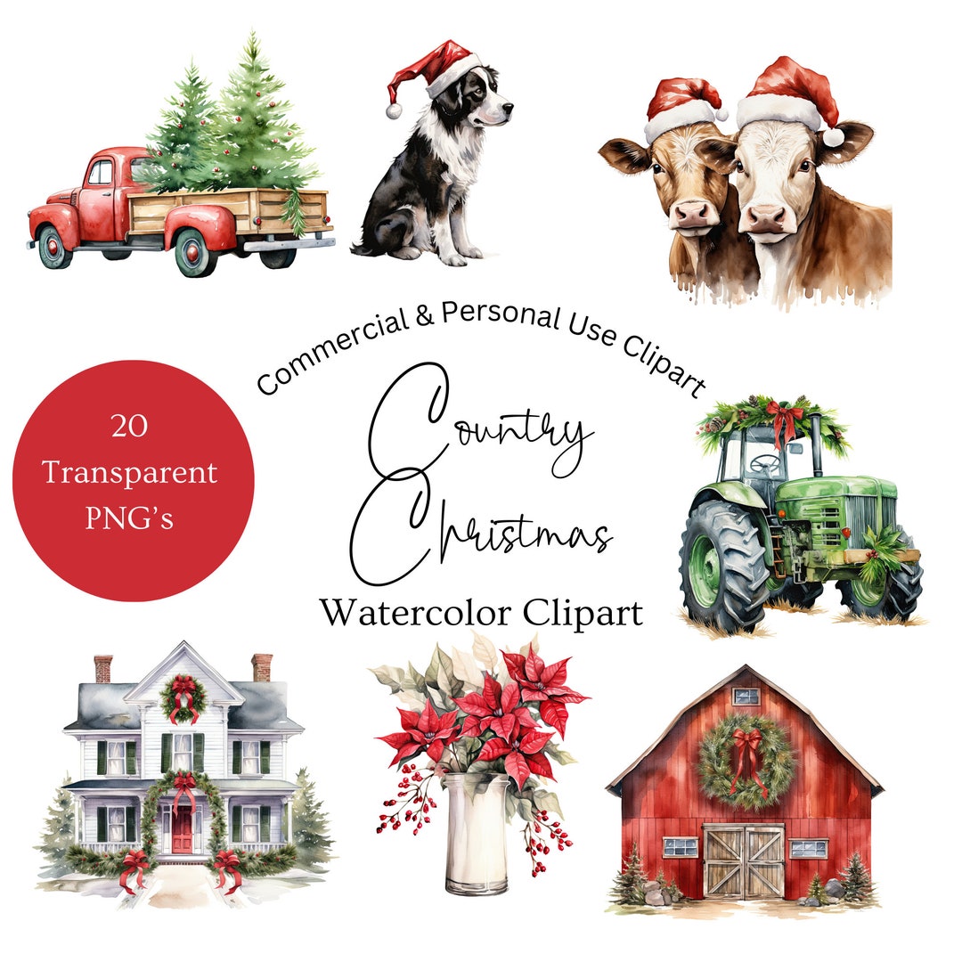 Country Christmas Clipart | Watercolor Christmas on the Farm | Farm ...