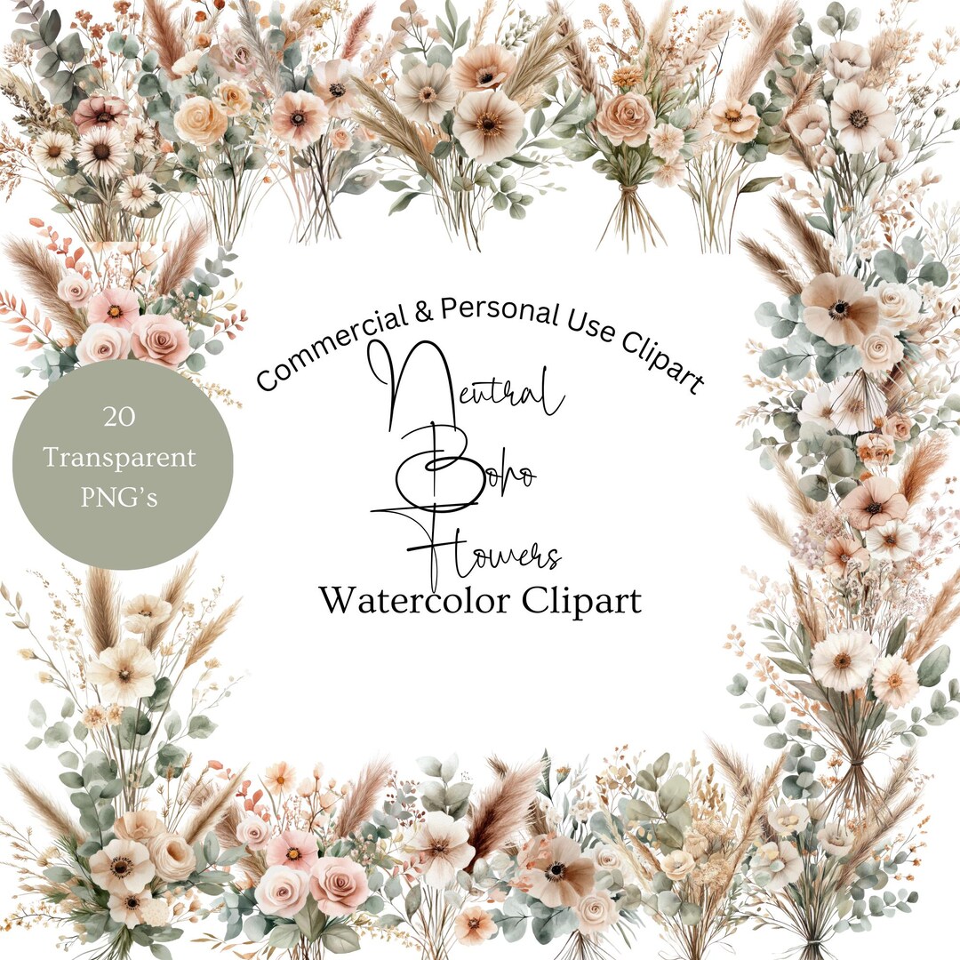 Bohemian Floral Bouquets Watercolor Clipart | Neutral Floral Designs ...