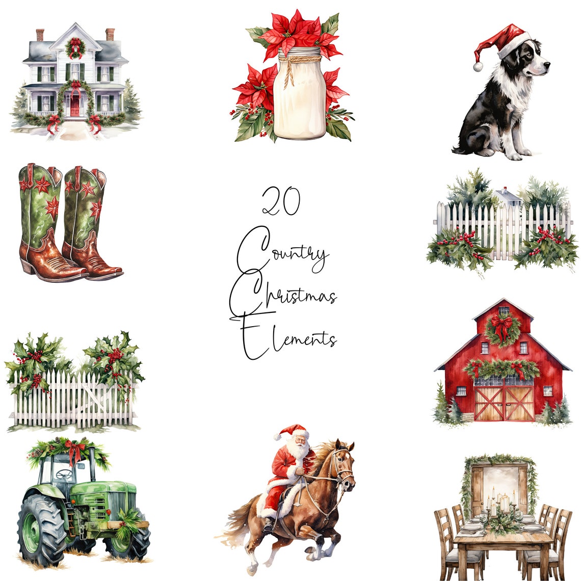 Country Christmas Clipart | Watercolor Christmas on the Farm | Farm ...