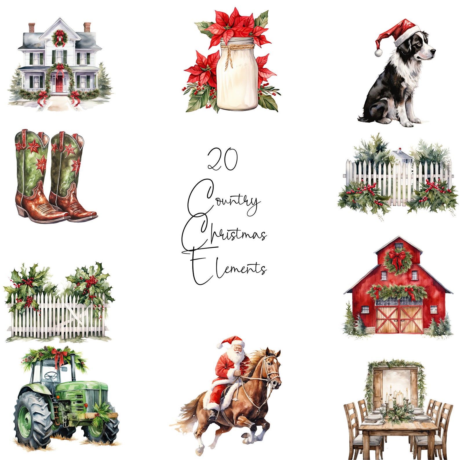 Country Christmas Clipart | Watercolor Christmas on the Farm | Farm ...