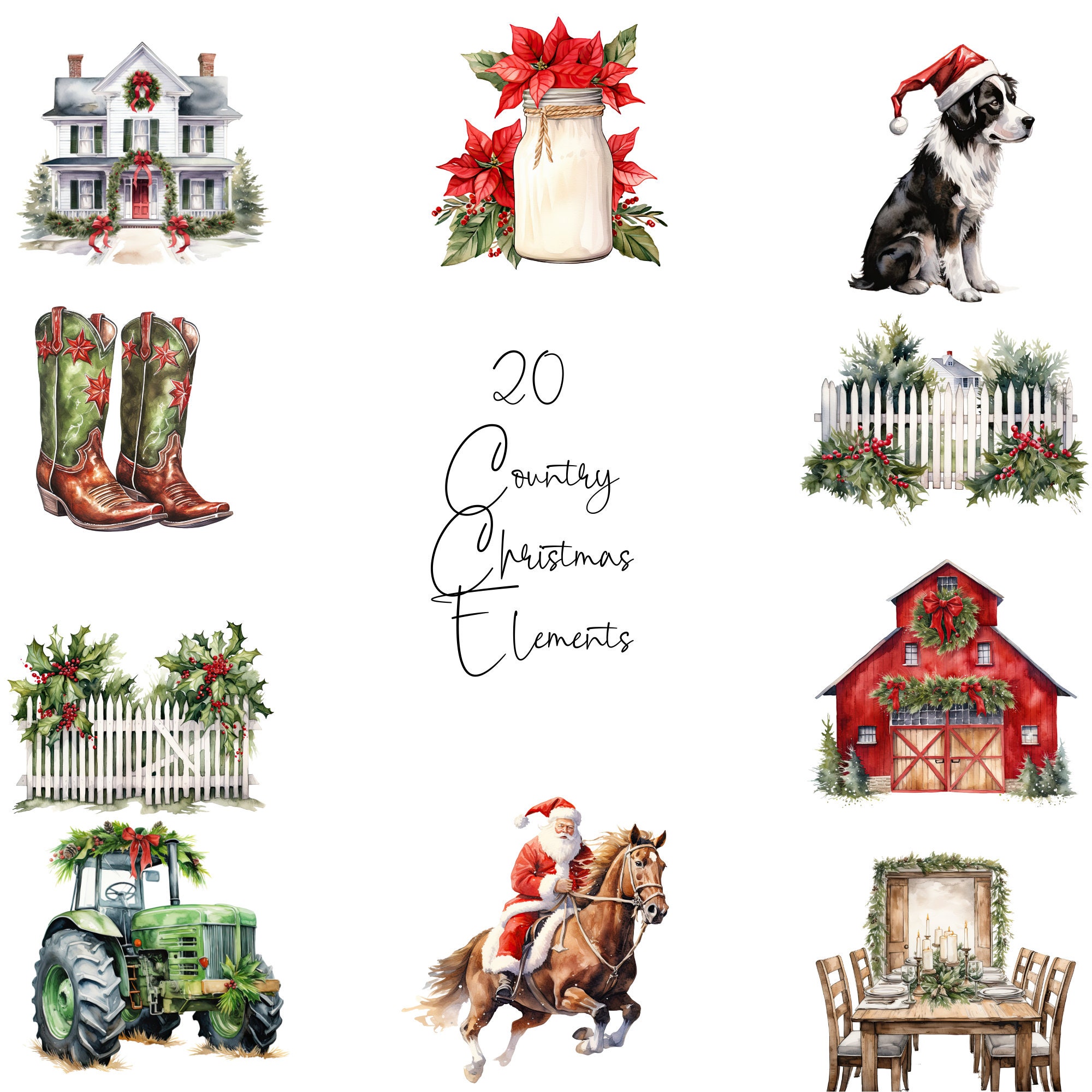Country Christmas Clipart | Watercolor Christmas on the Farm | Farm ...