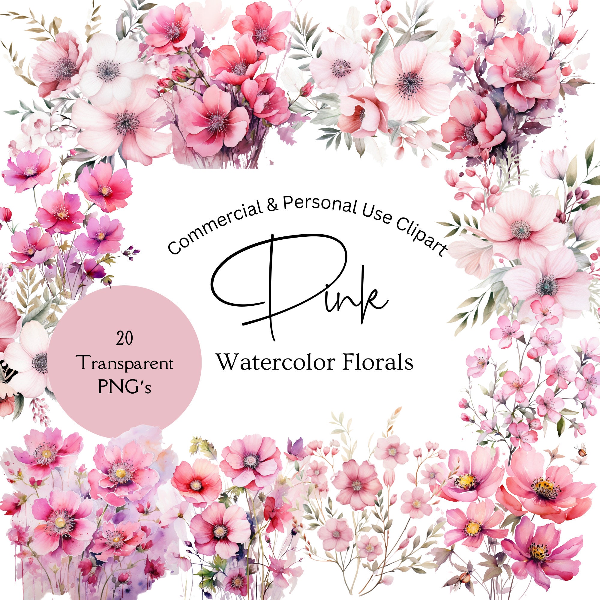Pink Watercolor Floral Clipart | Pink Flower Clipart | Pink Floral ...