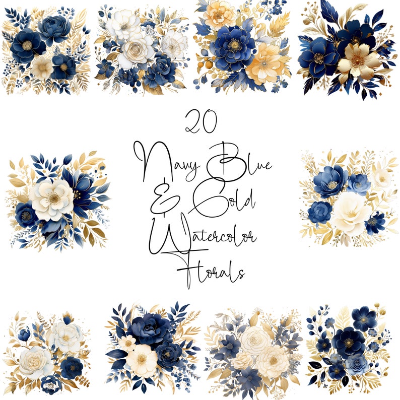 Navy Blue and Gold Watercolor Floral Clipart | Watercolor Blue and Gold ...