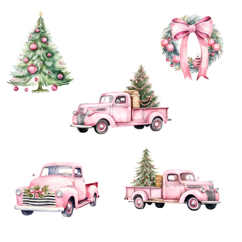 Watercolor Pink Christmas Truck Clipart | Pink Christmas Truck Clipart ...