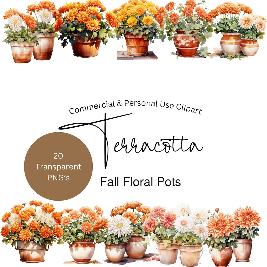 Terracotta Fall Floral Pots | Terracotta Watercolor Fall Clipart | Fall ...