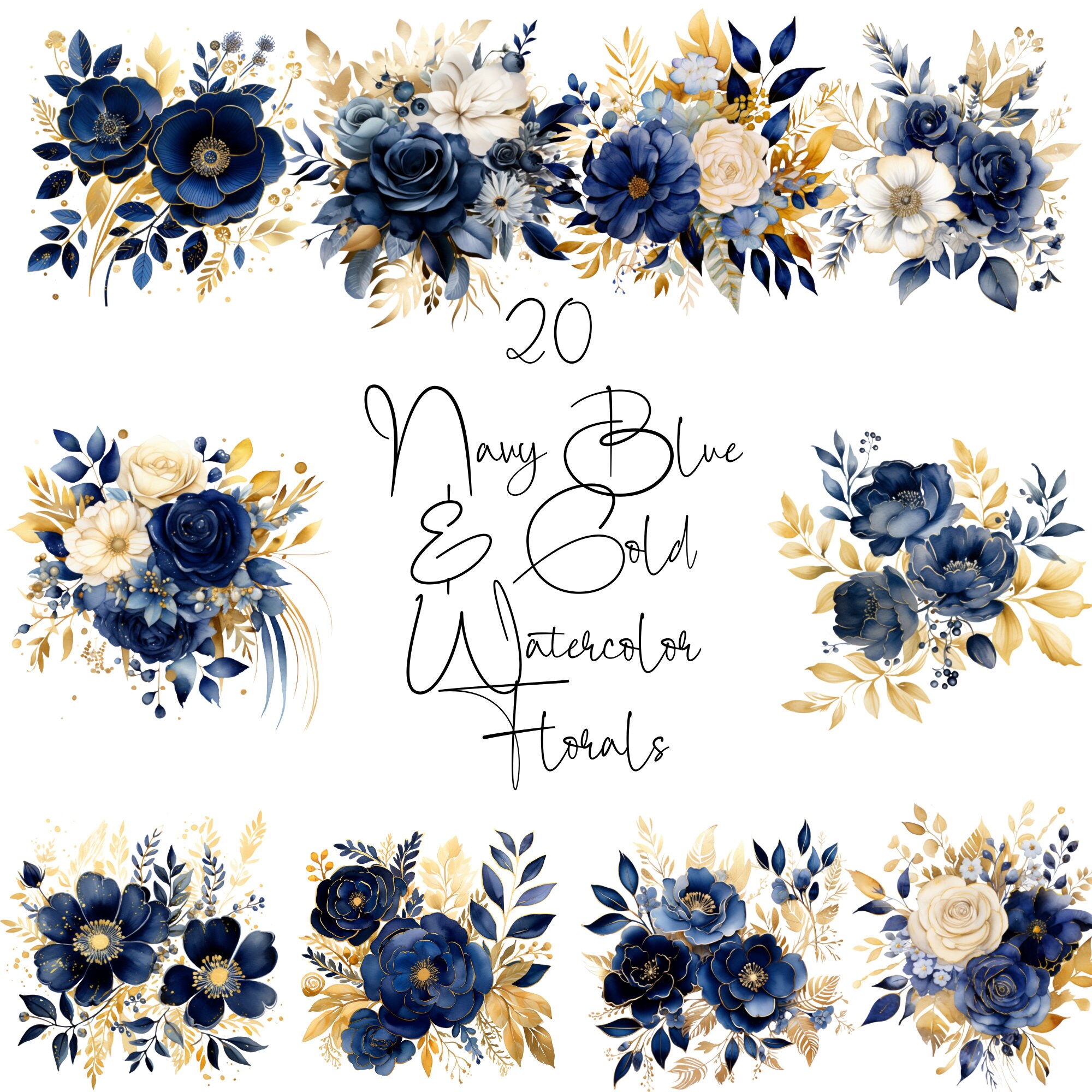 Navy Blue and Gold Watercolor Floral Clipart | Watercolor Blue and Gold ...