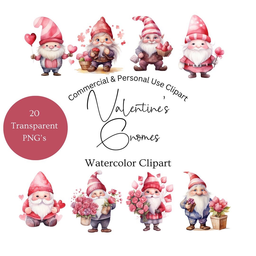 Valentines Gnomes Watercolor Clipart | Valentine Gnome Clipart ...