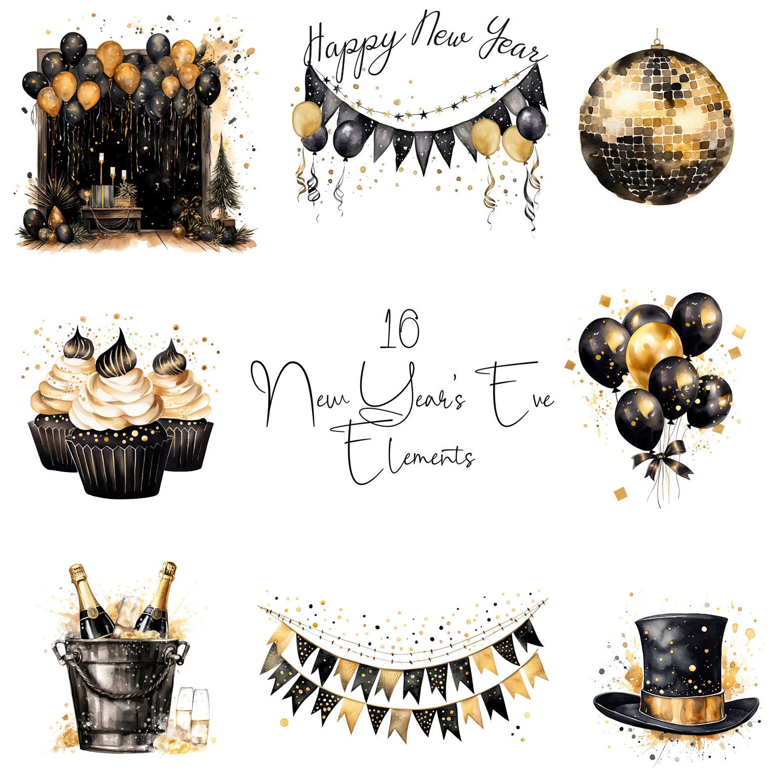 2024 New Years Clipart | Watercolor New Years Eve Clipart | Happy New ...