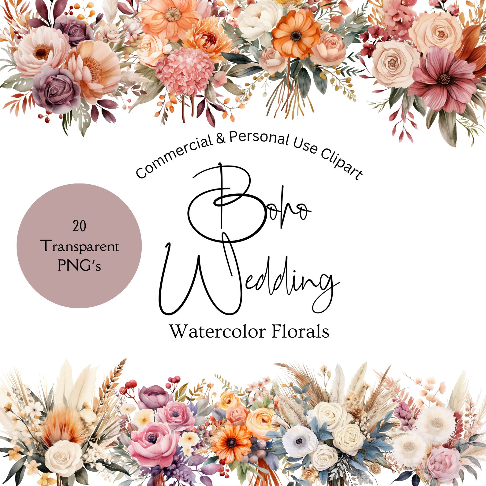 Watercolor Boho Wedding Floral Clipart | Boho Wedding Clipart ...