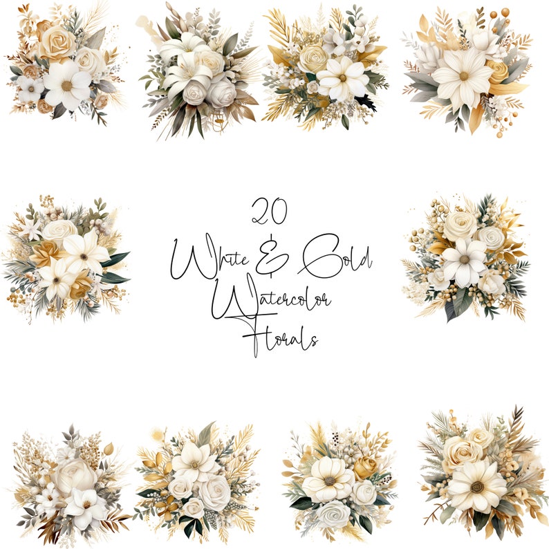 White and Gold Watercolor Floral Clipart | Gold and White Wedding ...