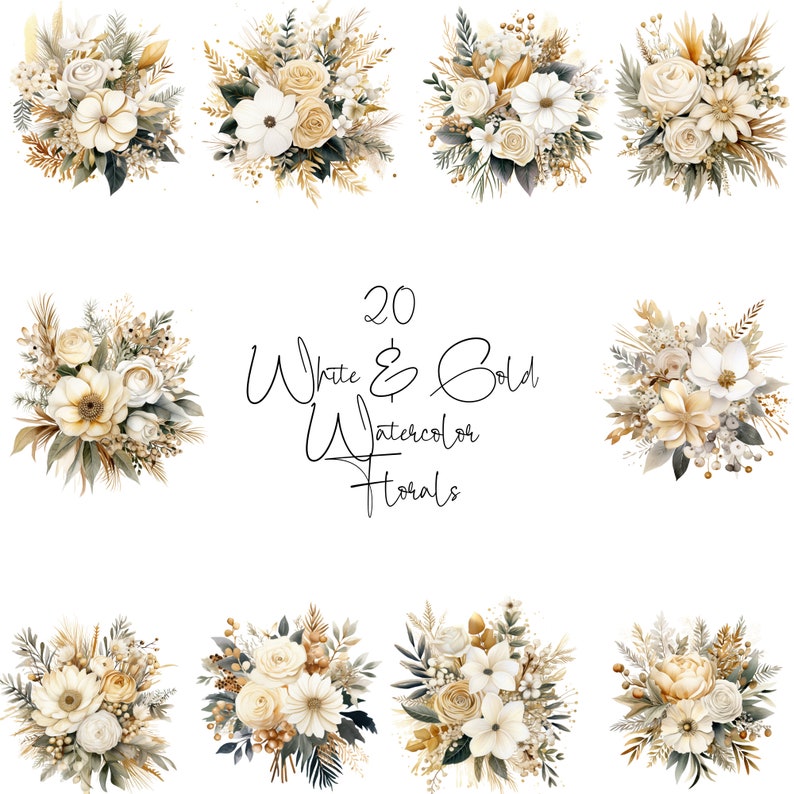 White and Gold Watercolor Floral Clipart | Gold and White Wedding ...