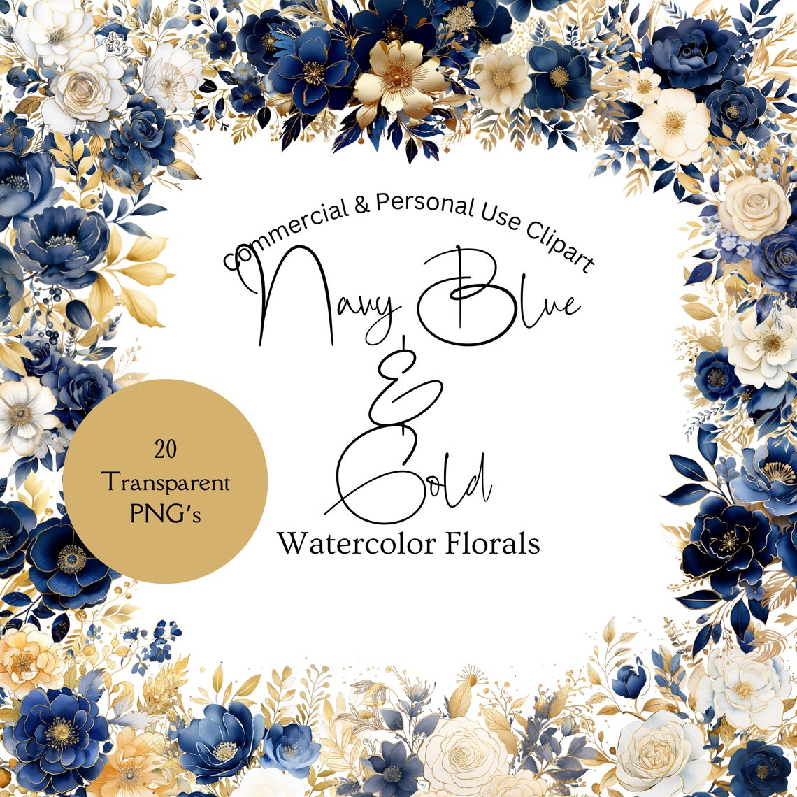 Navy Blue and Gold Watercolor Floral Clipart Watercolor Blue - Etsy