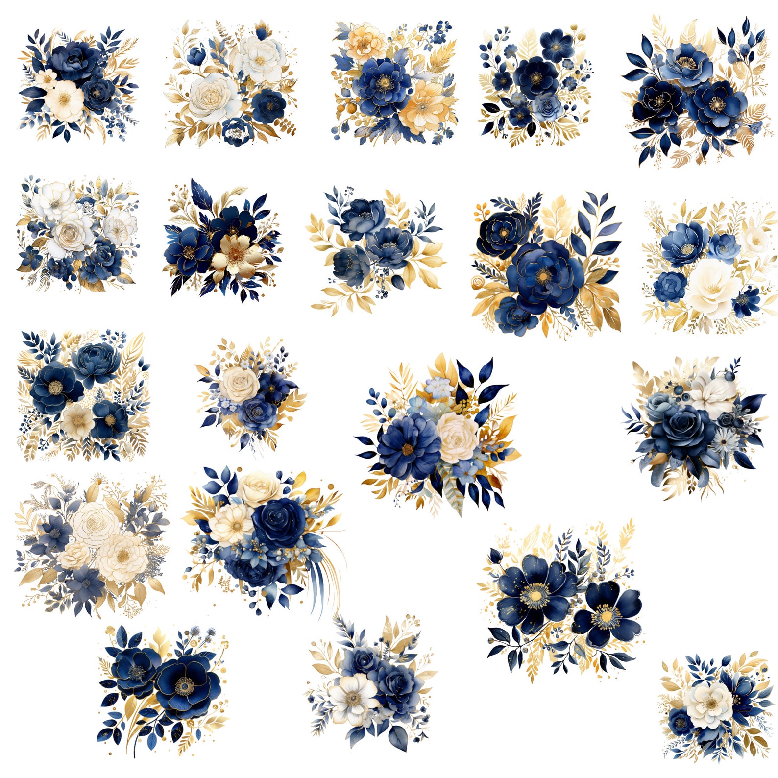 Navy Blue and Gold Watercolor Floral Clipart | Watercolor Blue and Gold ...