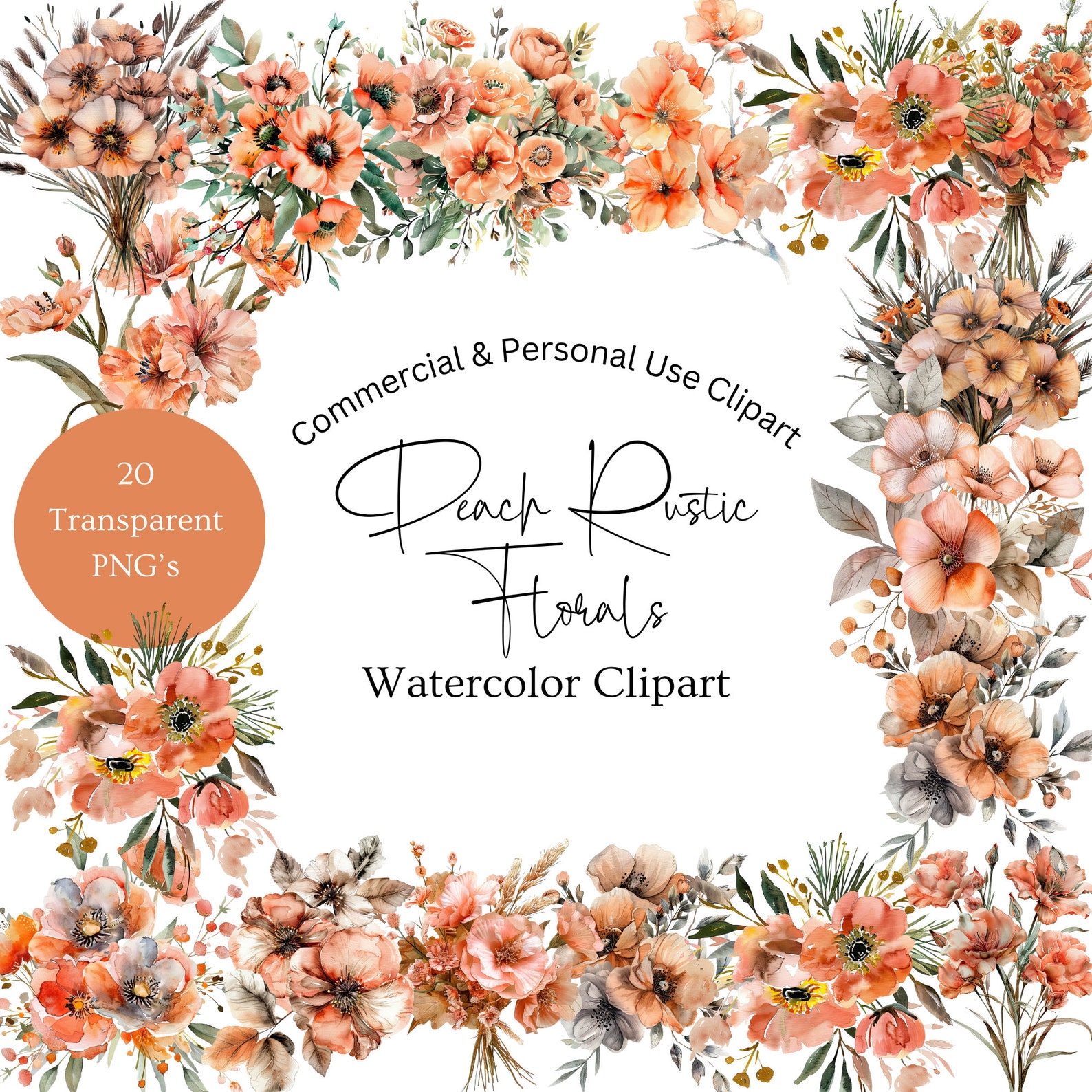 Peach Flowers Clipart | Peach Floral Clipart | Rustic Floral Clipart ...
