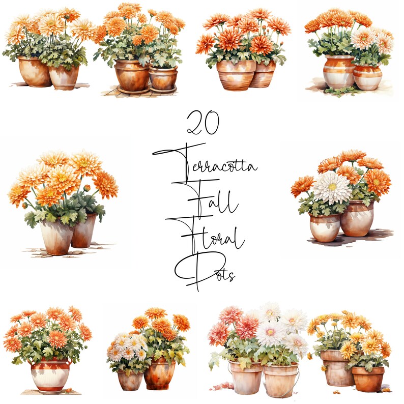 Terracotta Fall Floral Pots | Terracotta Watercolor Fall Clipart | Fall ...