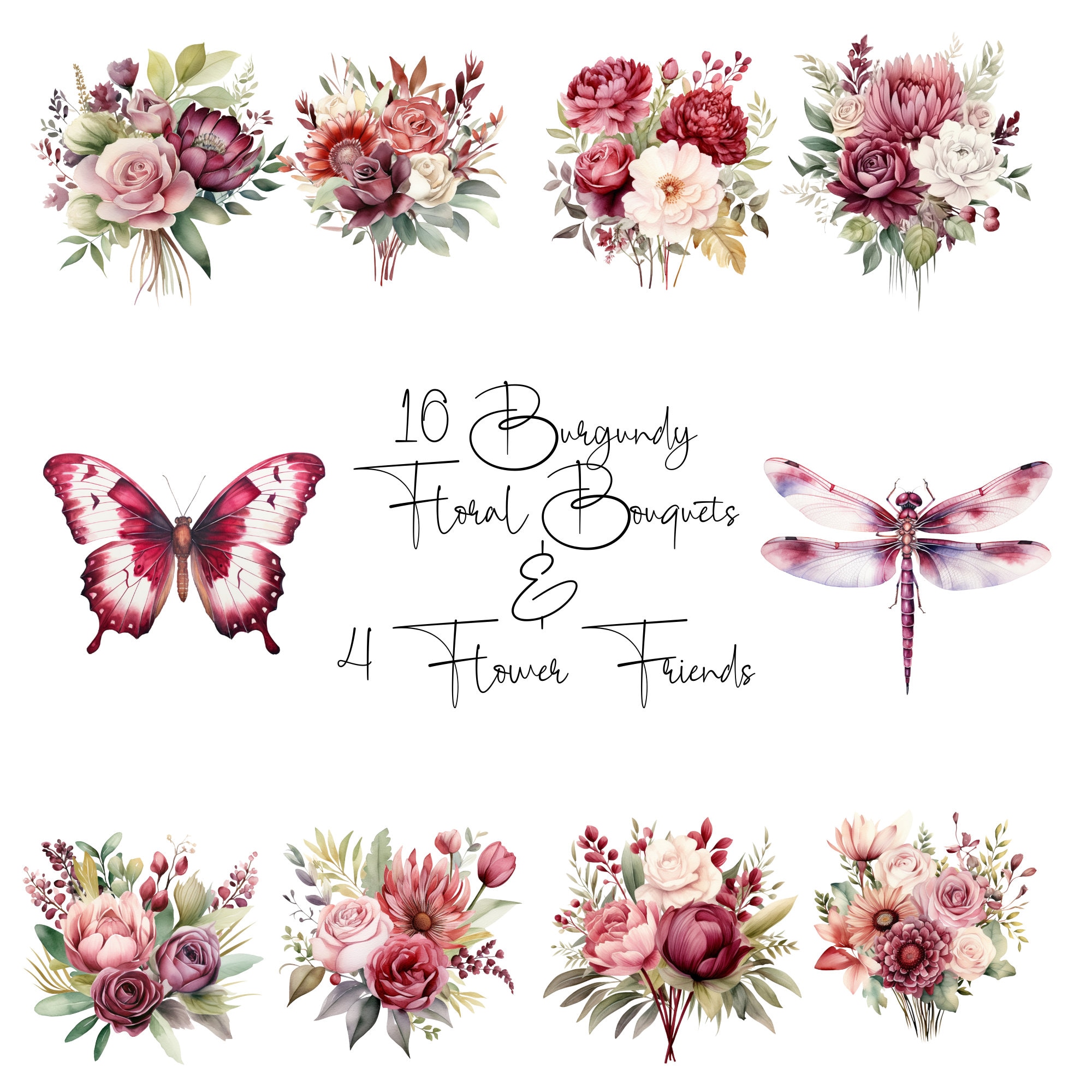 Burgundy Flowers Clipart Watercolor Burgundy Florals Bright Flowers ...