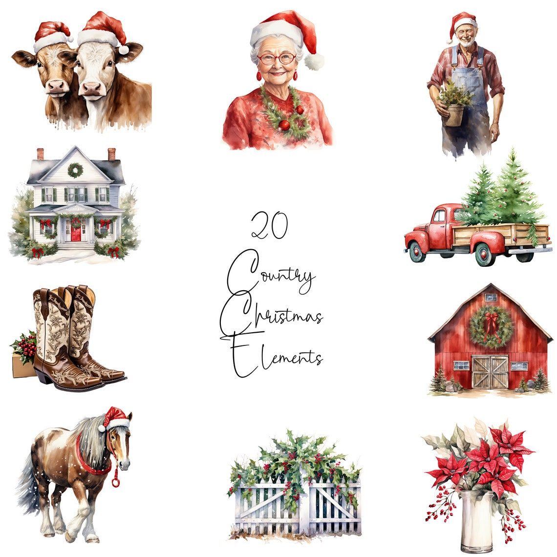 Country Christmas Clipart | Watercolor Christmas on the Farm | Farm ...