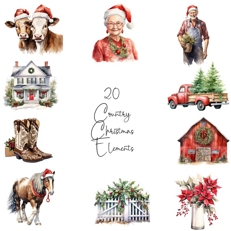Country Christmas Clipart | Watercolor Christmas on the Farm | Farm ...