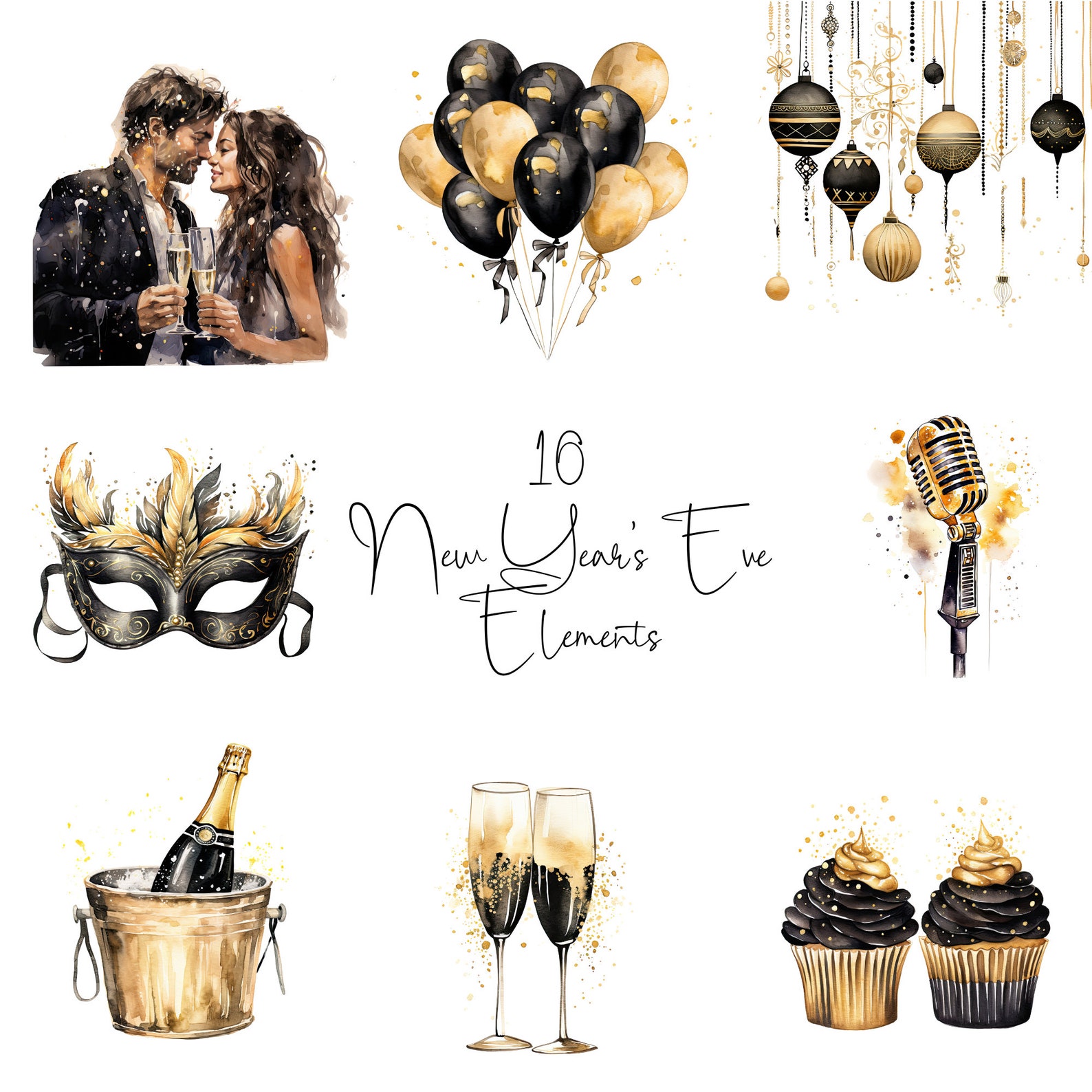 2024 New Years Clipart | Watercolor New Years Eve Clipart | Happy New ...