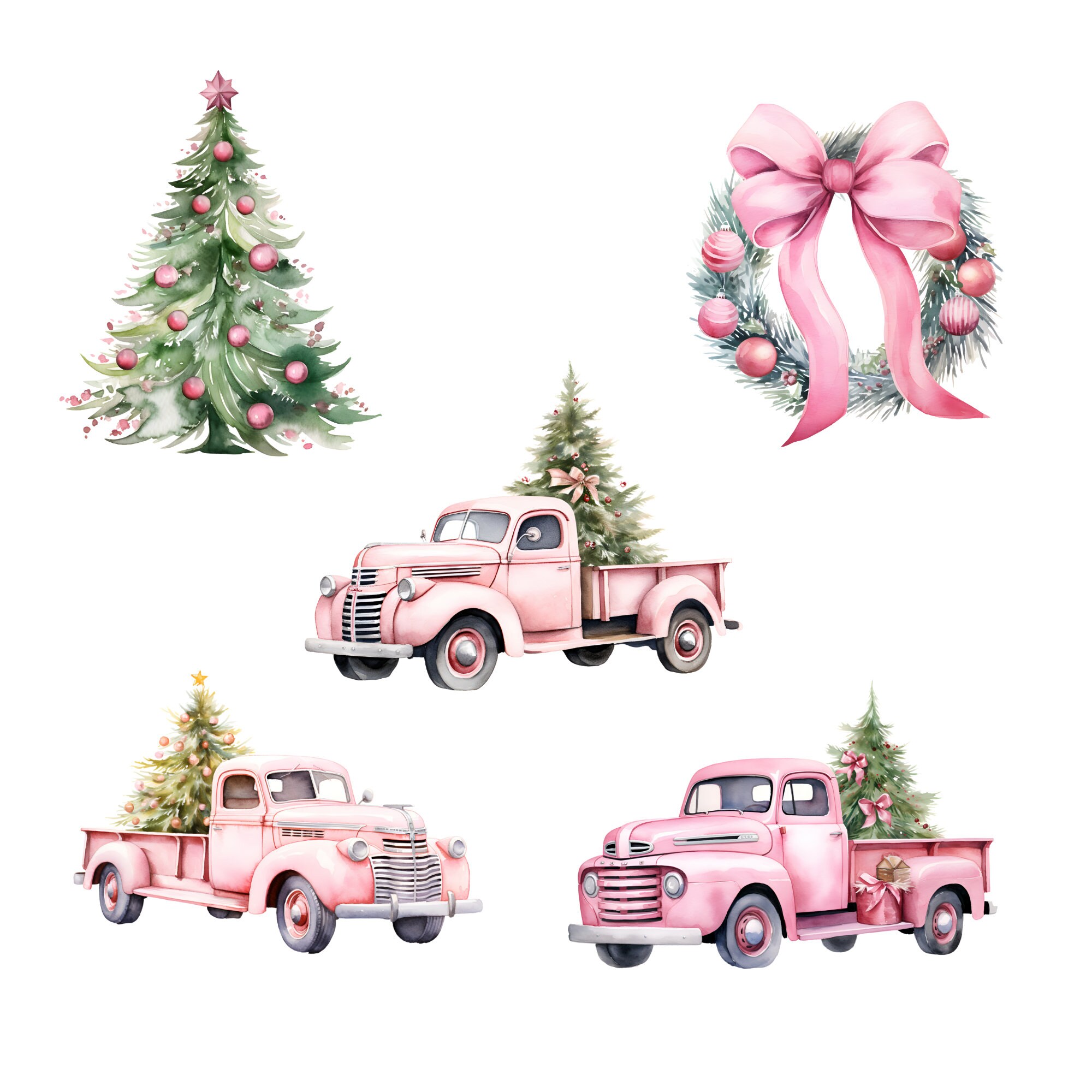 Watercolor Pink Christmas Truck Clipart | Pink Christmas Truck Clipart ...