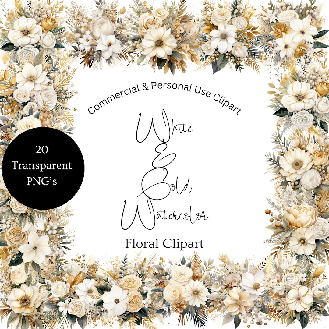 White and Gold Watercolor Floral Clipart | Gold and White Wedding ...