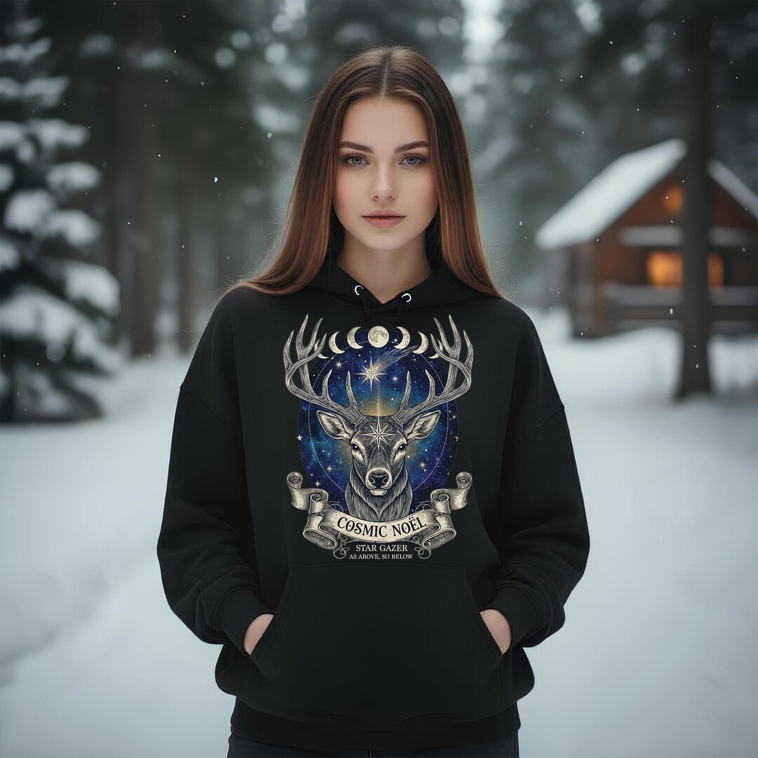 Mystic Christmas Hoodie, Cosmic Noel Reindeer Sweatshirt, Star Gazer ...