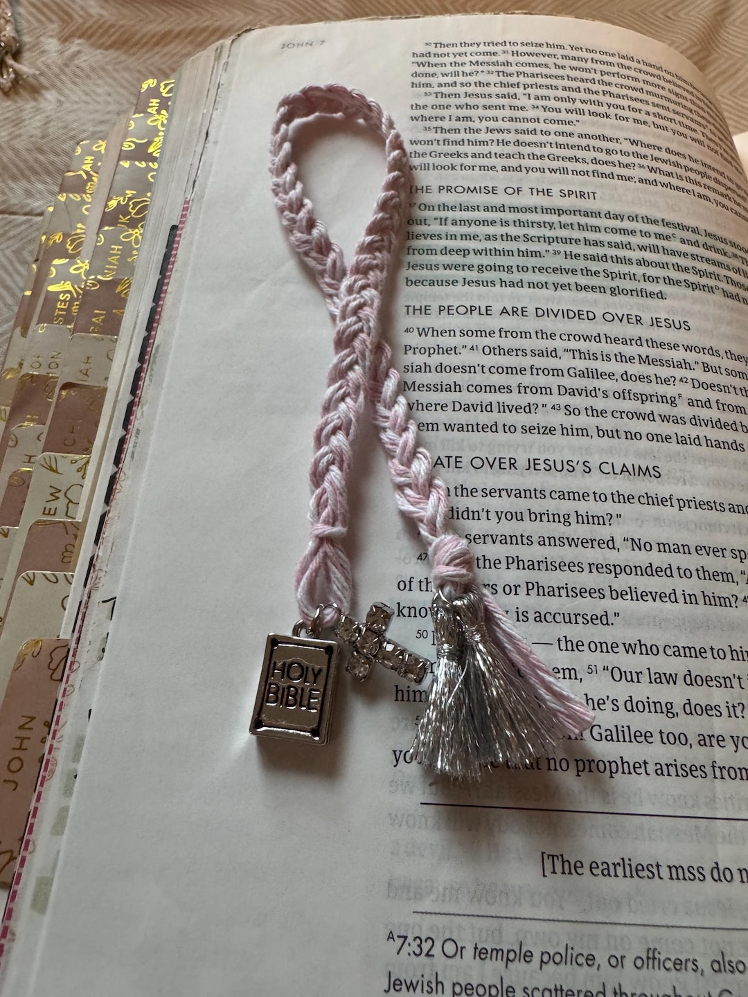 Pink Braided Bible Bookmark W/ Holy Bible and Cross Charm and Silver ...