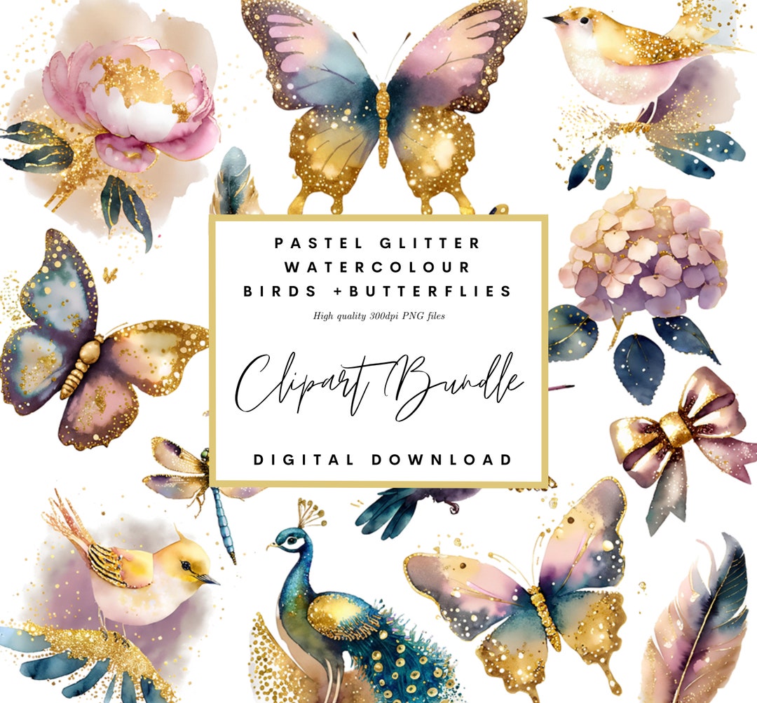Pastel Watercolor Birds Butterflies Clipart Bundle Teal, Pink and Gold ...