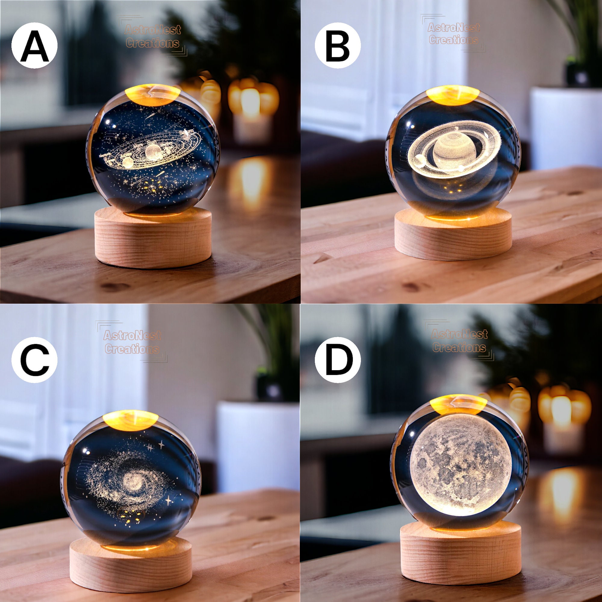 3D Space Crystal Ball Cosmic Night Light Moon Desk Lamp Led Saturn Lamp ...