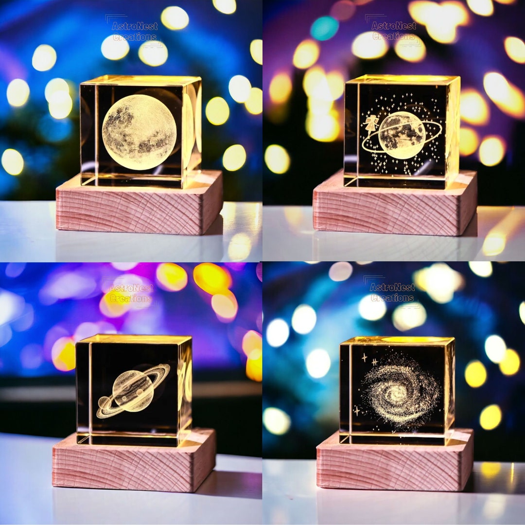 Cosmic 3D Crystal Cube Night Light USB Bedside Lamp Galaxy Themed Home ...