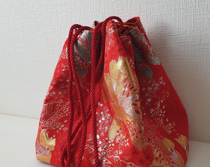 Vintage Japanese Drawstring Bag in Floral Red-gold Silk Brocade ...