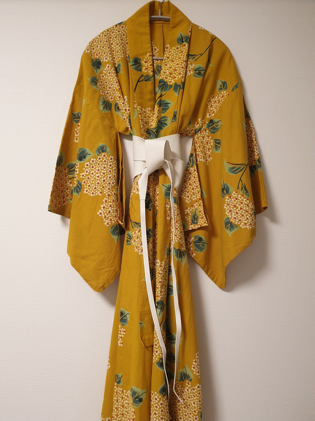 Vintage Japanese Mustard-yellow Yukata Robe, Ajisai Hydrangea Flower ...