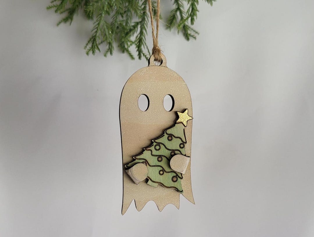 Whimsical Ghost With Christmas Tree Ornament - Laser Engraved Wood ...