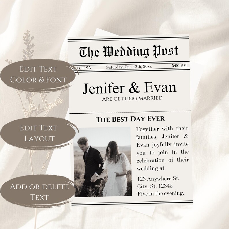 Newspaper Wedding Invitation Suite Vintage Save the Date Template Black ...